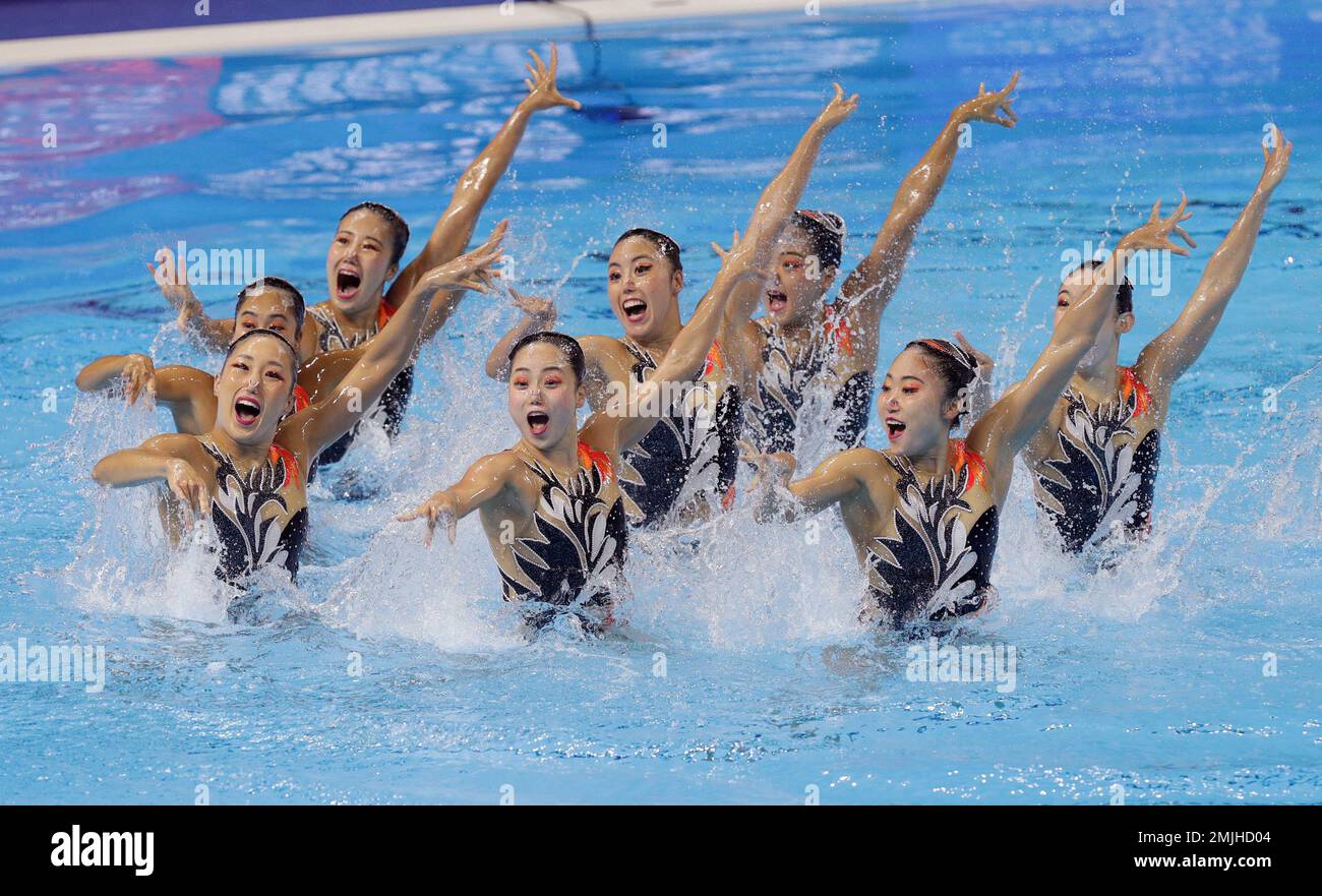 Japan perform their routine in the artistic swimming team technical ...