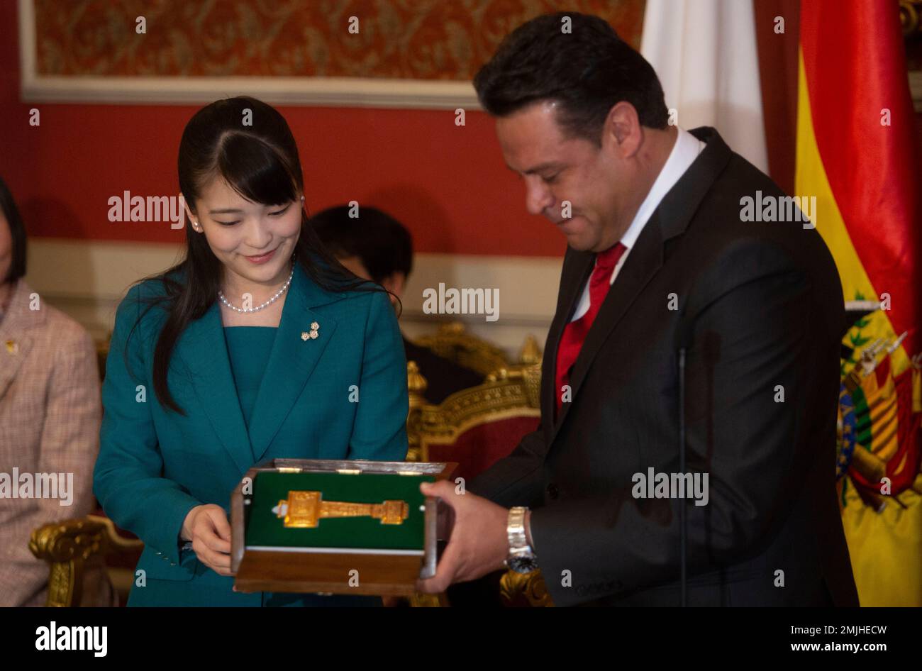 Japan's Princess Mako, left, receives the key to the city from the ...