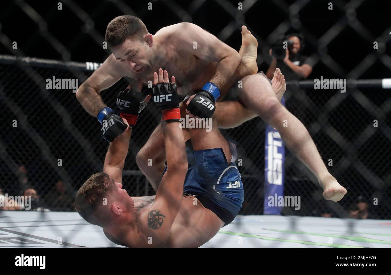 Ryan Hall, top, punches Darren Elkins during a featherweight mixed ...