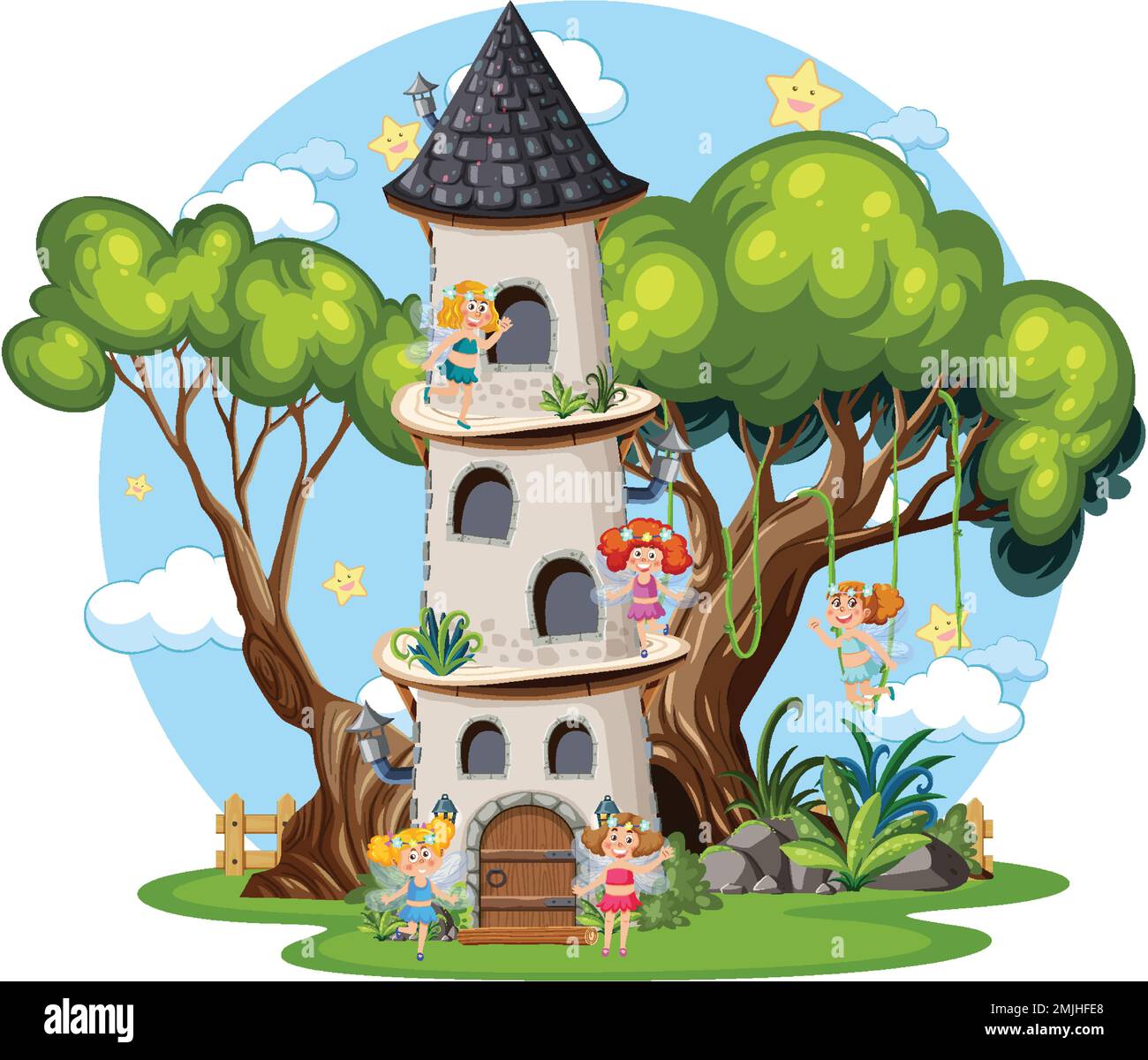Fairies flying around fairytale tower illustration Stock Vector Image ...
