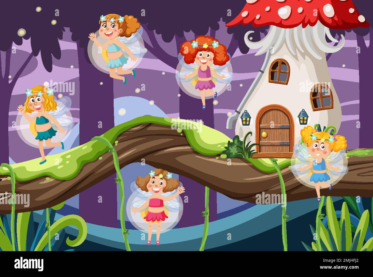 Cute fairies in fantasy forest illustration Stock Vector Image & Art ...
