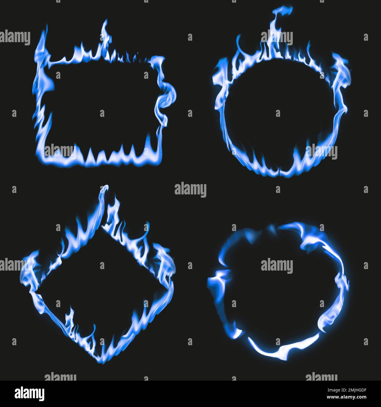 Flame frame, blue square circle shapes, realistic burning fire vector ...
