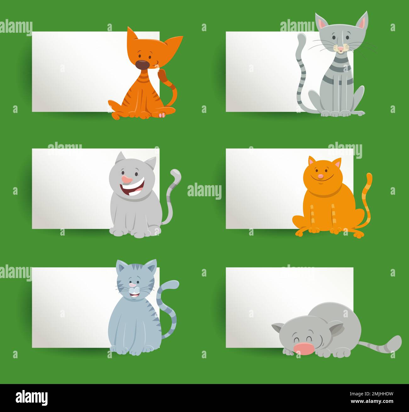 Cartoon illustration of cats with white blank boards or greeting cards ...