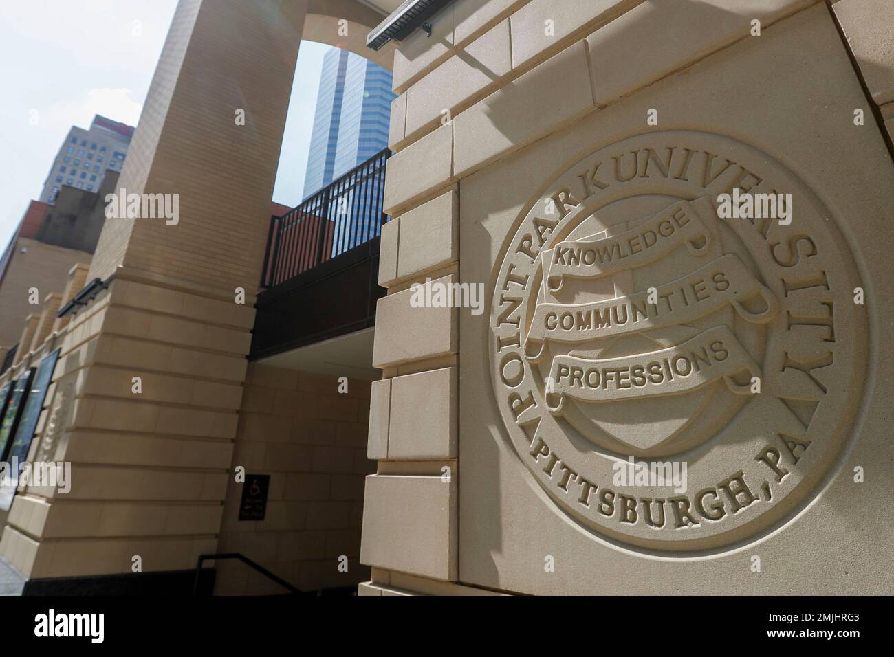 The logo of Point Park University is in the walls of their Pittsburgh ...