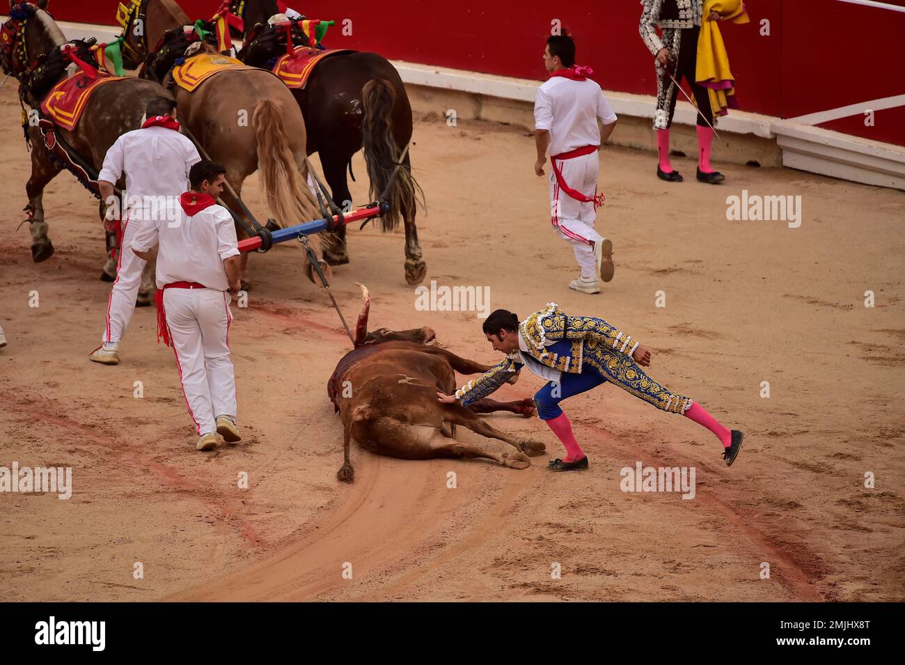 Spanish bullfighter Cayetano touches the dead bull, at the San Fermin ...