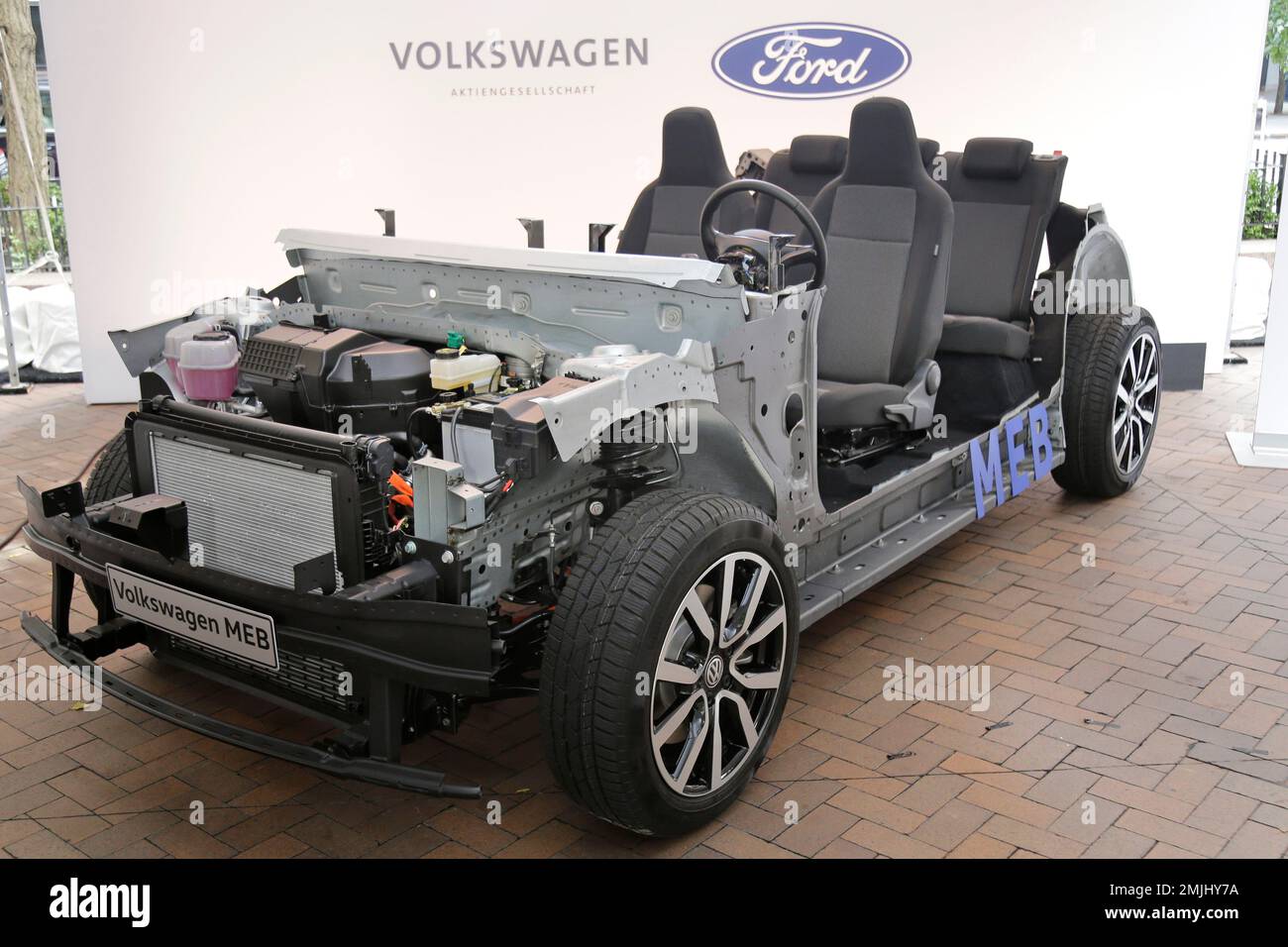 An electric car platform by Volkswagen is displayed in New York, Friday ...