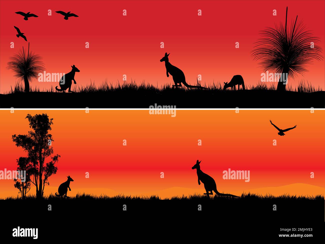 Silhouette of black boy tree and gum trees at sunset with kangaroos ...