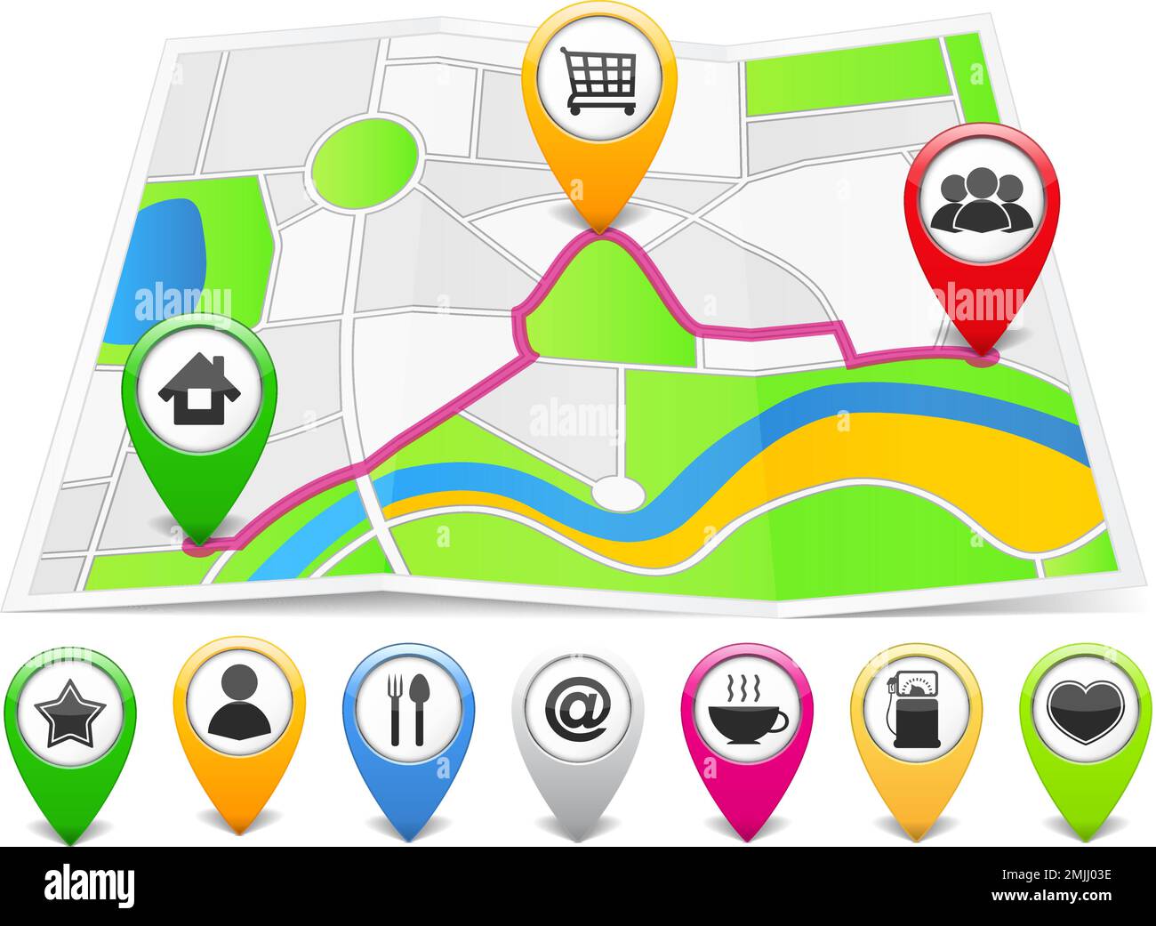 Map markers with different icons on the abstract map, vector eps10 illustration Stock Vector ...