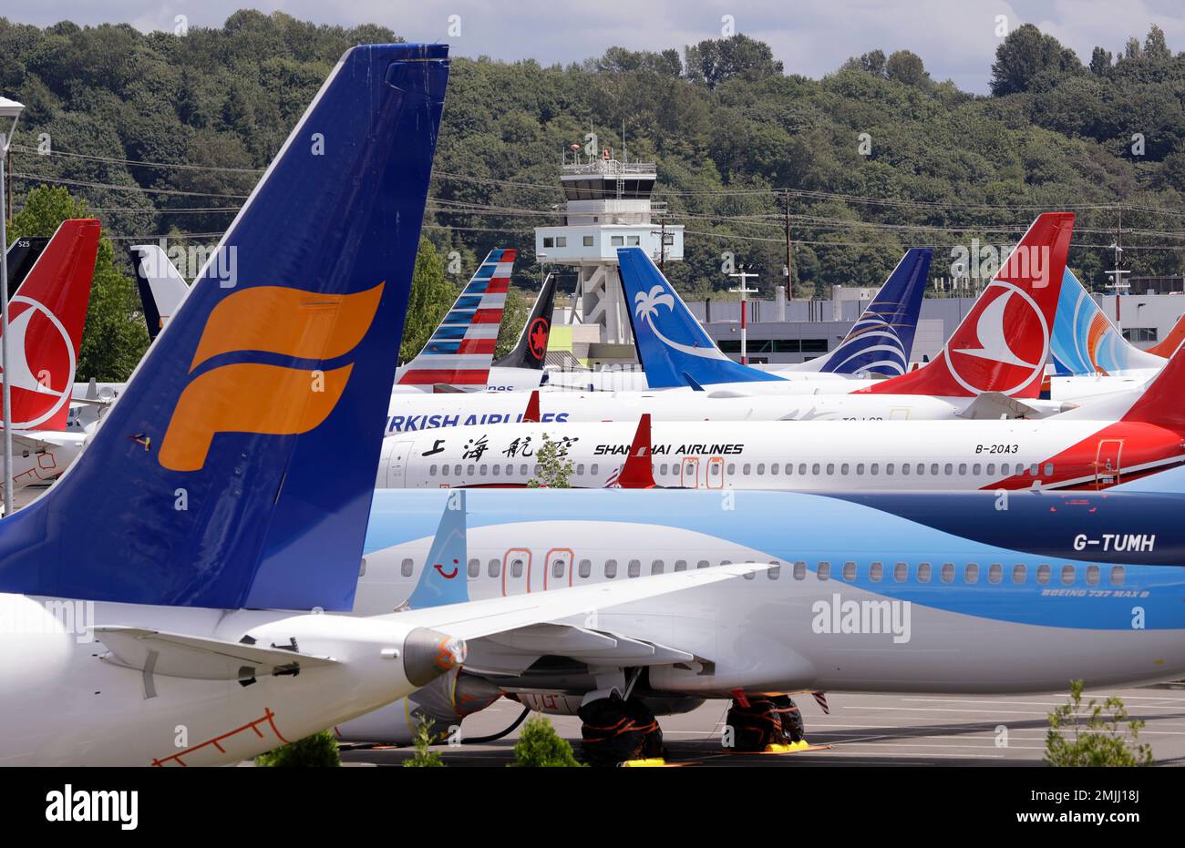 FILE - In this June 27, 2019, file photo, dozens of grounded Boeing 737 ...