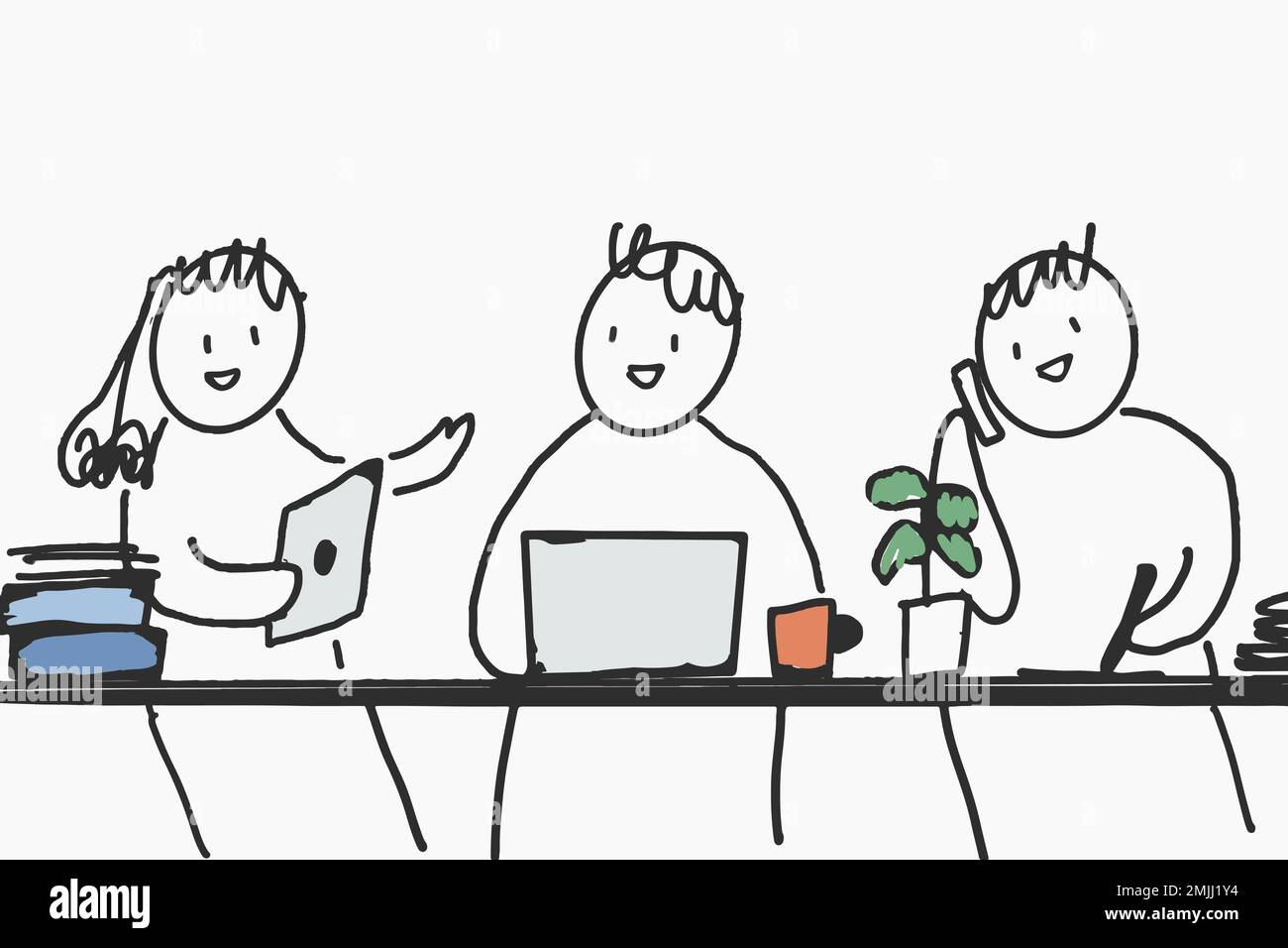 People doodle vector happy workers in green office characters Stock ...