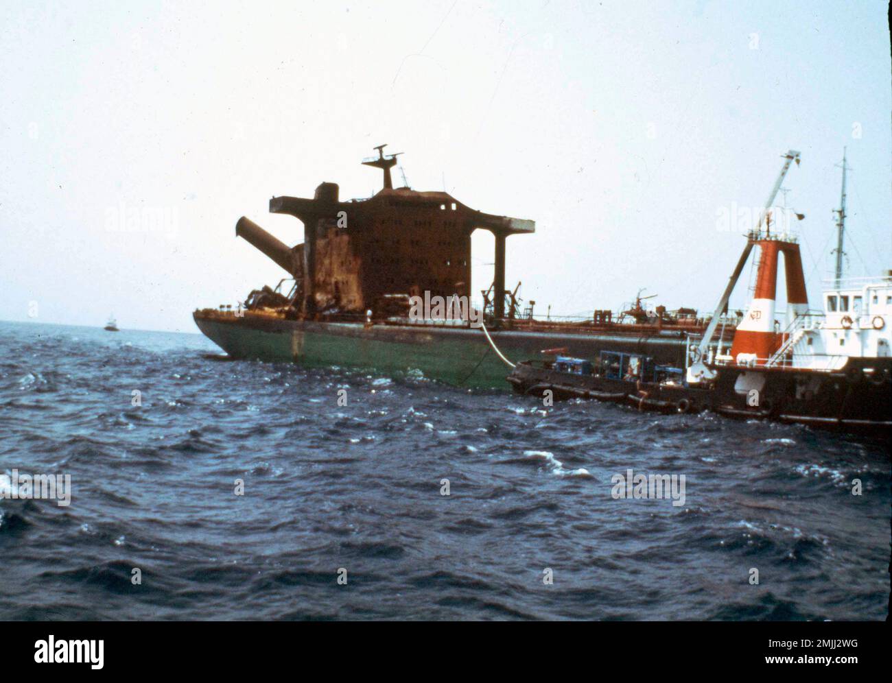The fire-ravaged superstructure of the chemical tanker Chemical Venture ...