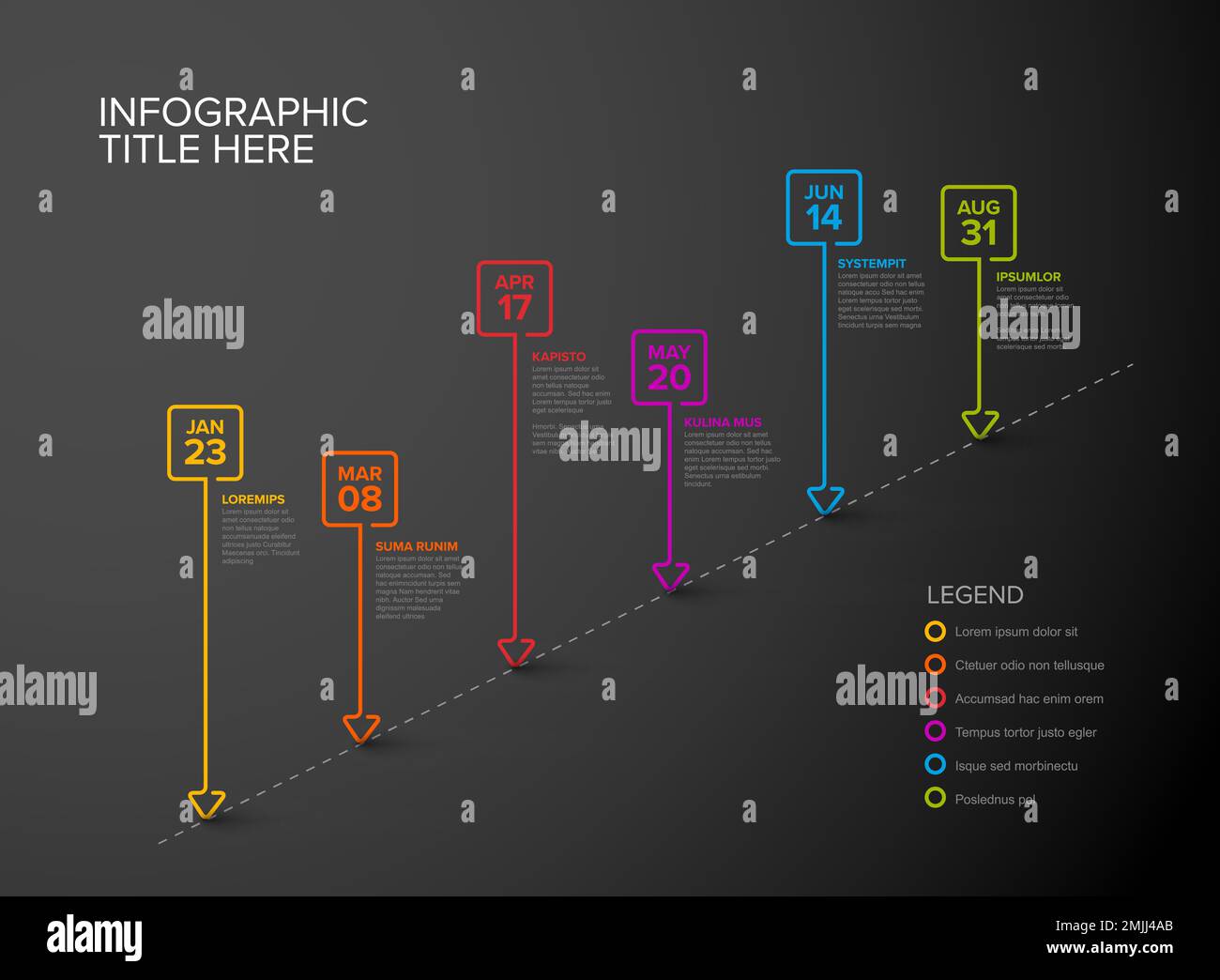 Colorful vector infographic dark timeline report template with six ...