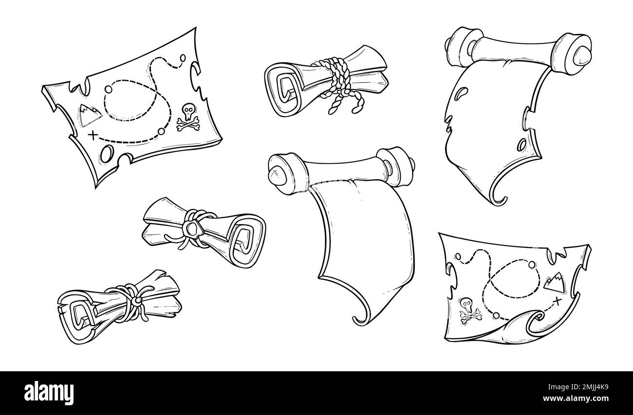 Ancient scrolls and tresure maps. Torn paper scrolls for games. Vector illustration isolated in ...