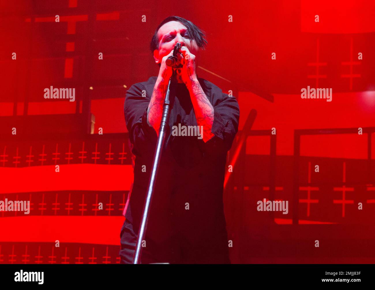 Marilyn Manson performs in concert during the opening night of the "Twins of Evil Tour" at the ...