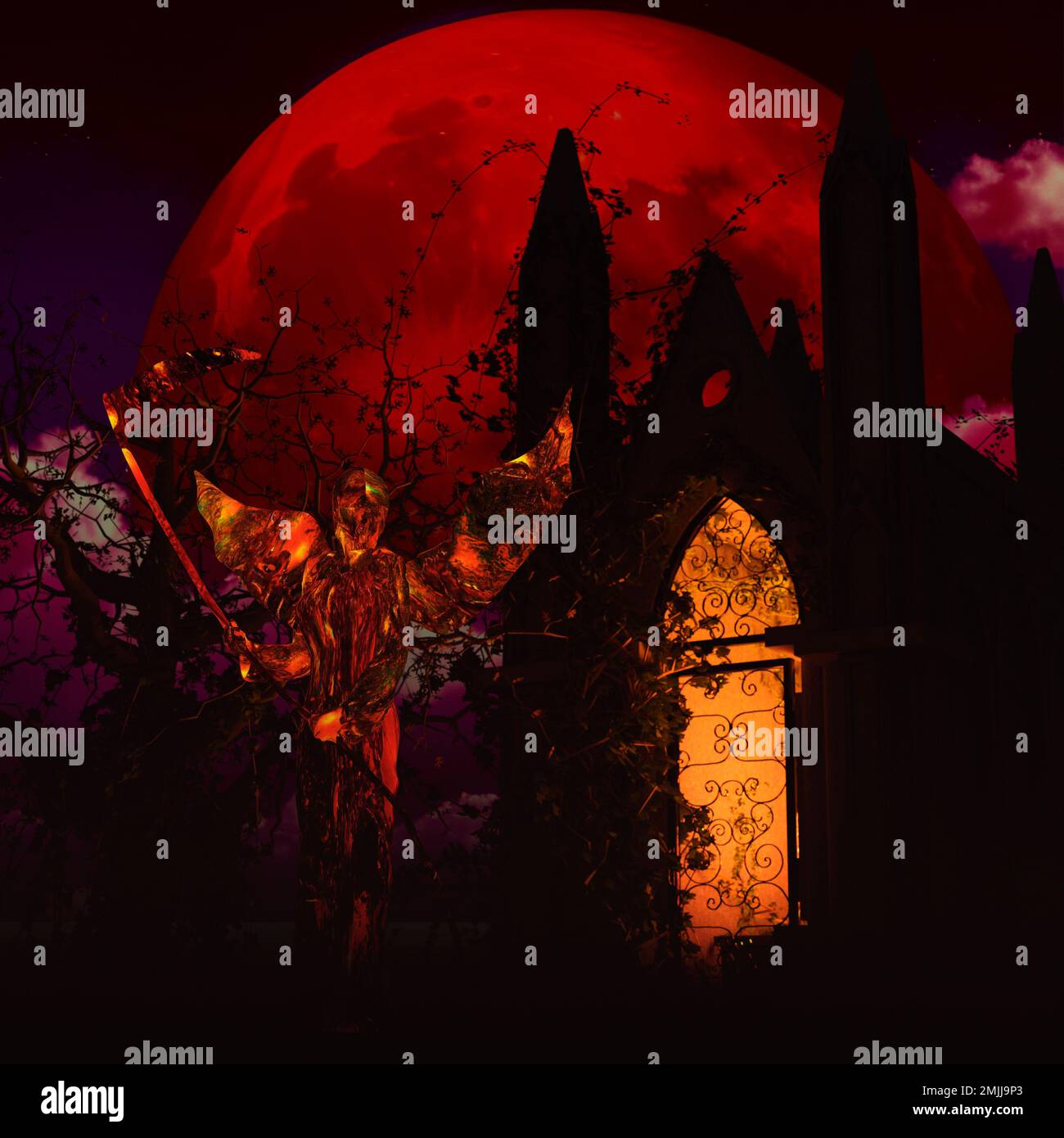 Angel of Death in front of a mausoleum - Spooky night background with ...