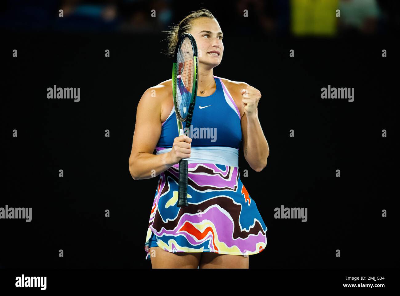 Aryna Sabalenka of Belarus in action against Magda Linette of Poland ...