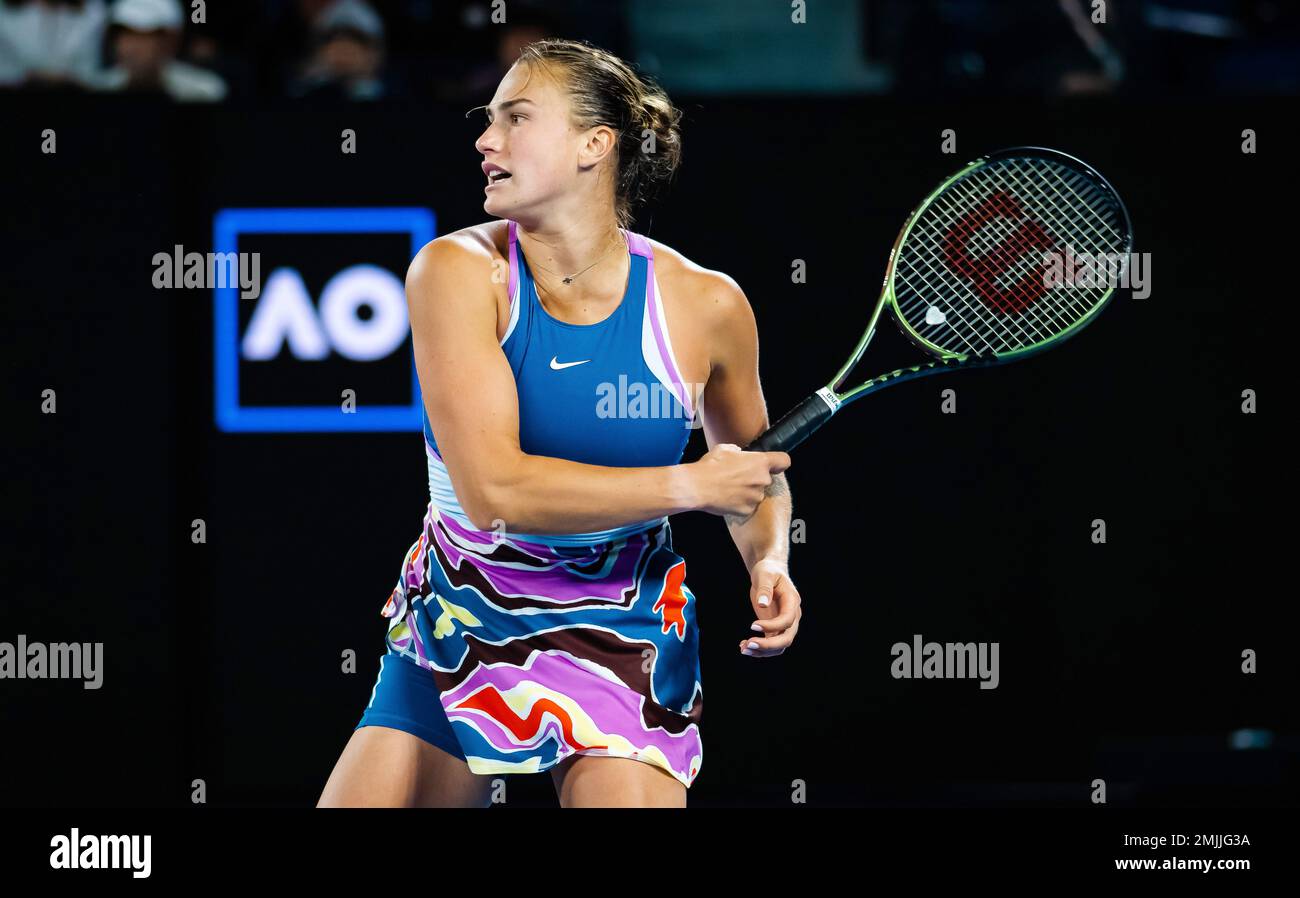Aryna Sabalenka of Belarus in action against Magda Linette of Poland during the semi-final of ...