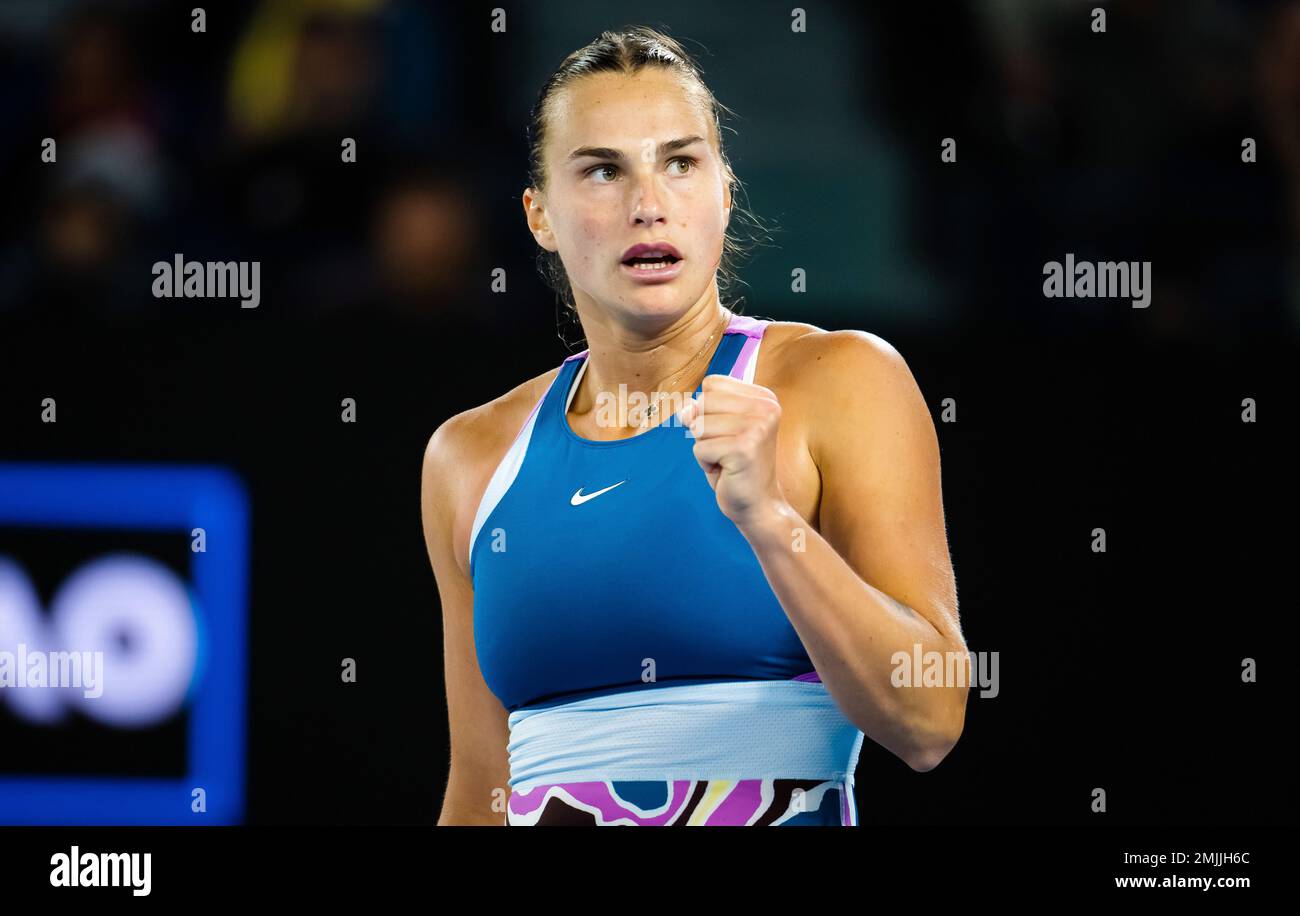 Aryna Sabalenka of Belarus in action against Magda Linette of Poland ...