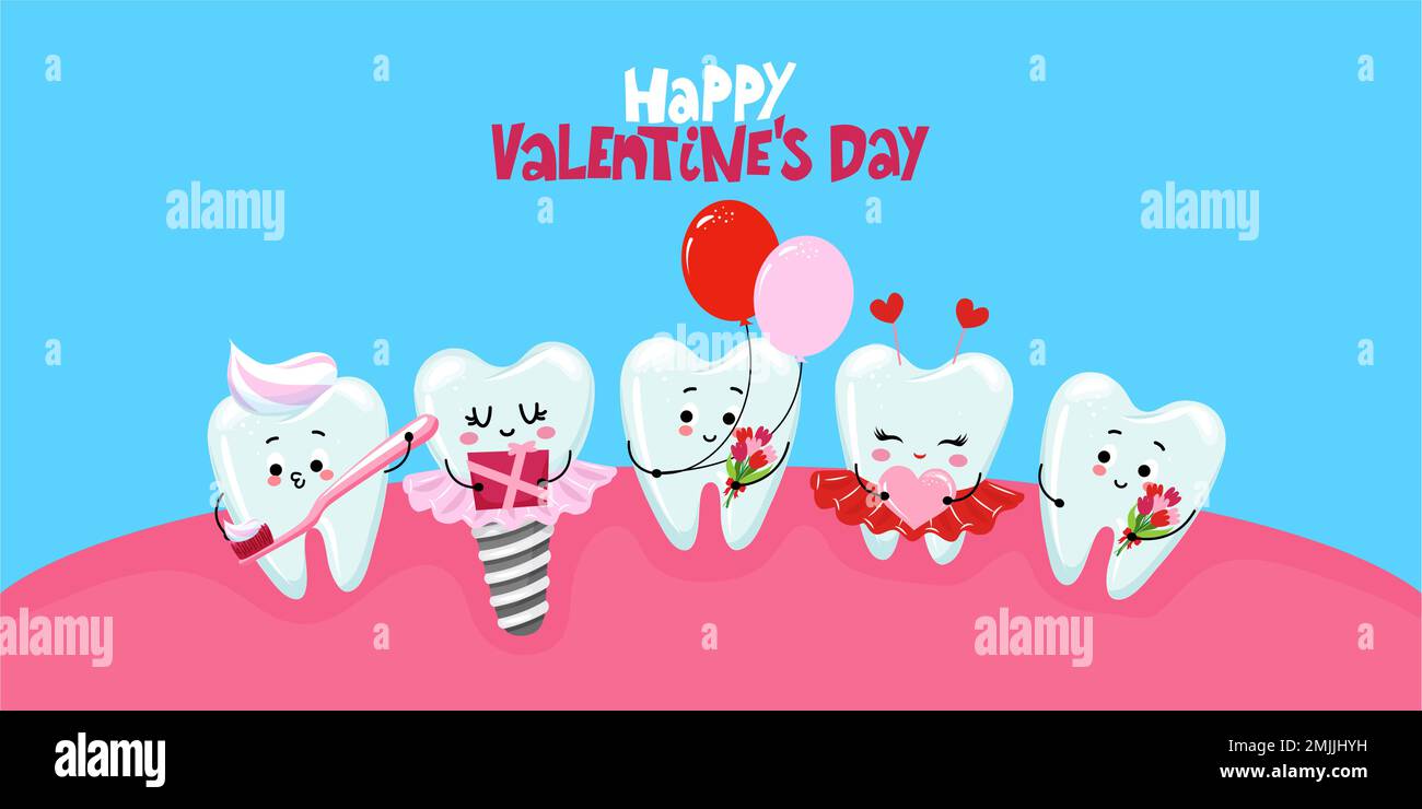 Happy Valentine's Day - Tooth characters in kawaii style. Hand drawn ...