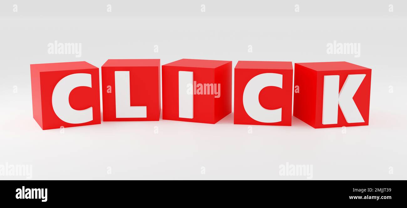 3d render sign click on red cubes and light background. Simple ...