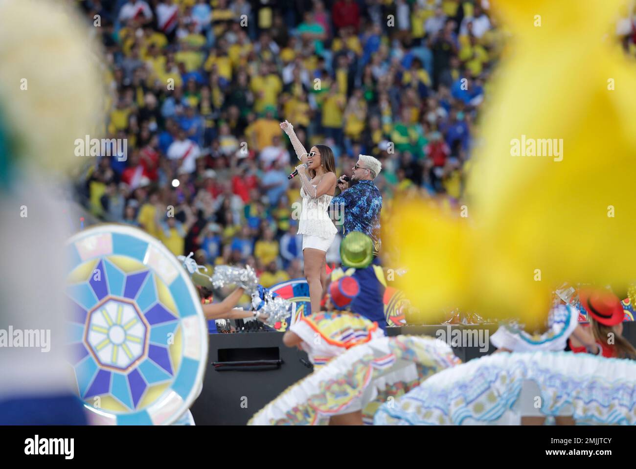 Singer Anitta y Pedro Capó perform prior the final match of the Copa ...