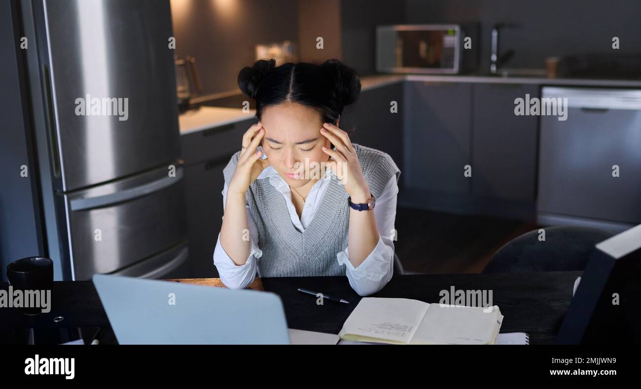 Stress, headache and woman on laptop, glitch and burnout while working ...