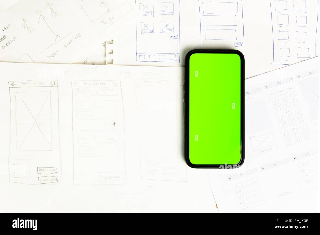 Sketch of wireframe for website. Women designer working on a mobile ...