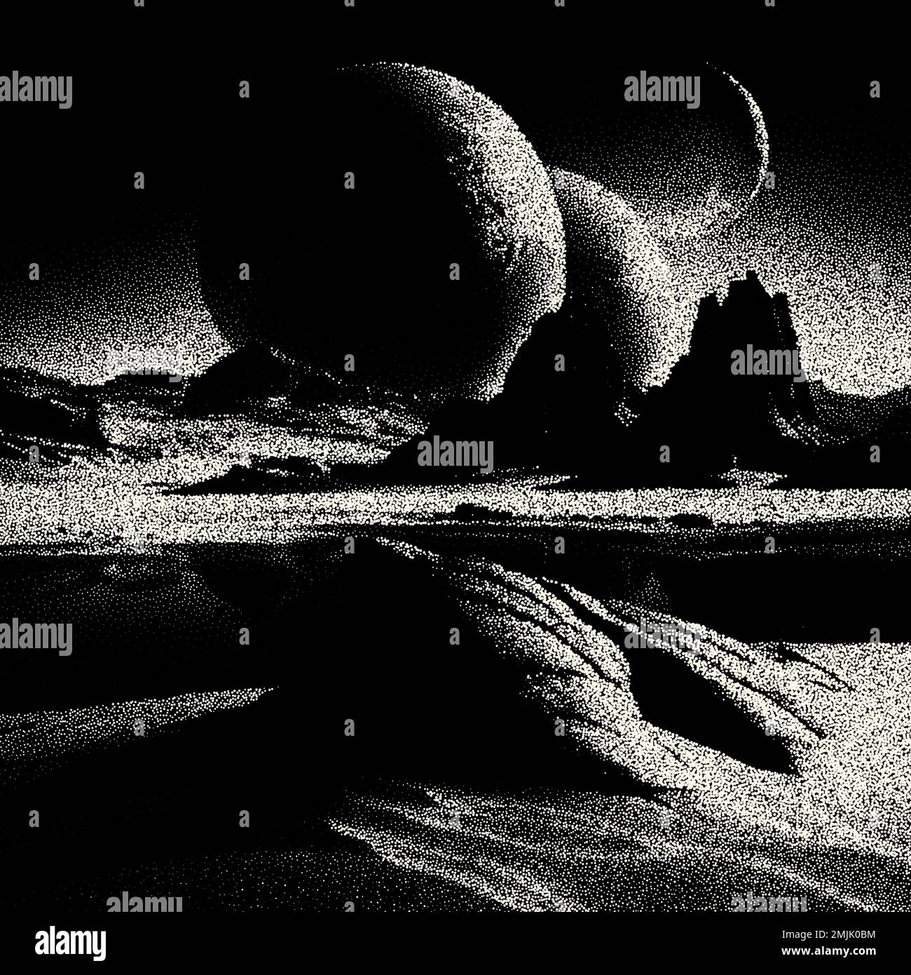 Alien planet landscape in retro dotwork style. Planets and satellites ...