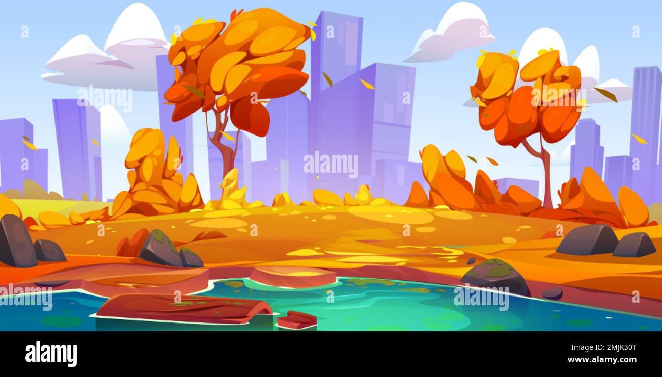 Autumn park with lake in big city. Cartoon vector illustration ...