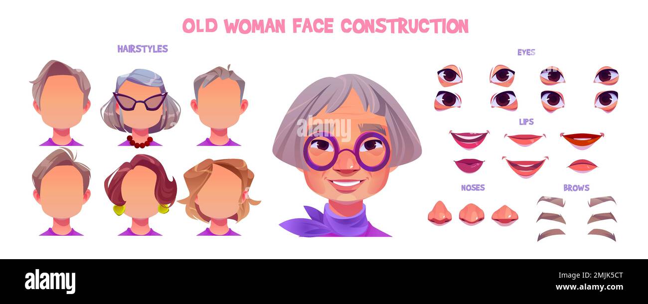 Old asian woman character, senior person face construction set. Chinese ...