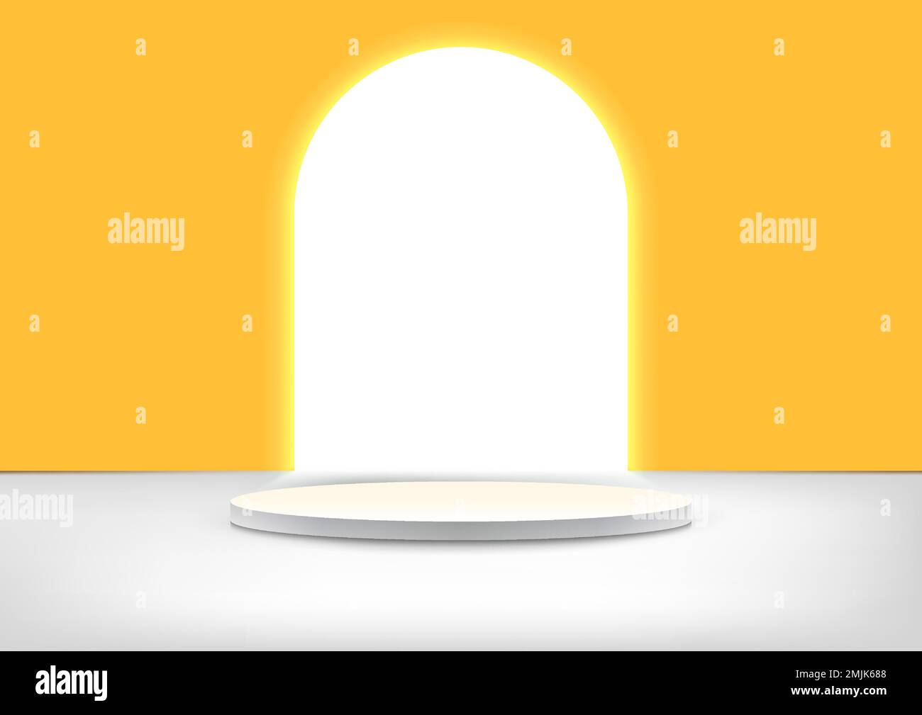 3D realistic white podium platform stand with yellow big arch window ...