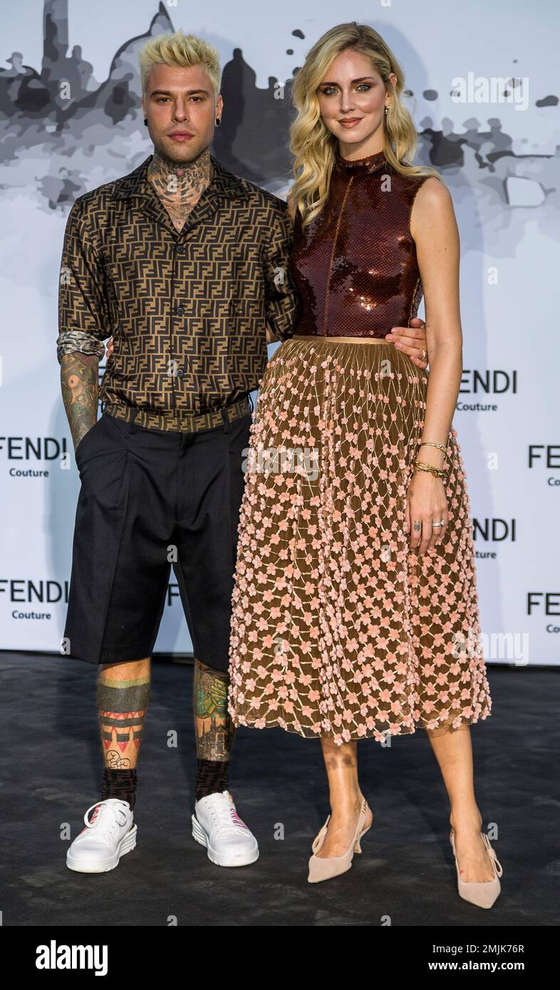 Italian singer Fedez, left, poses with his wife Italian fashion ...