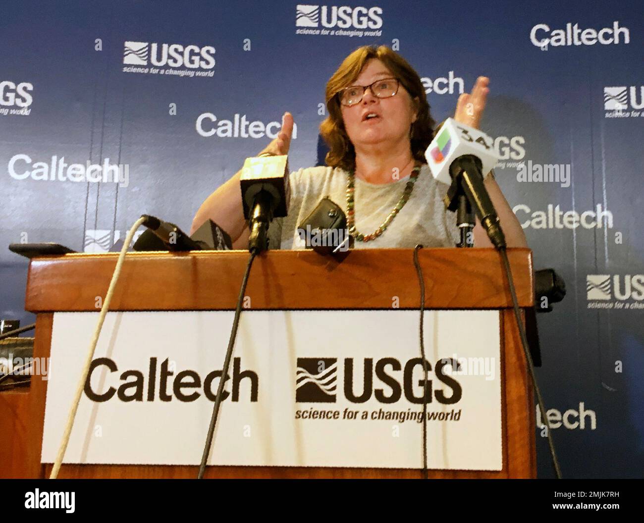 Seismologist Lucy Jones talks during a news conference at the Caltech ...