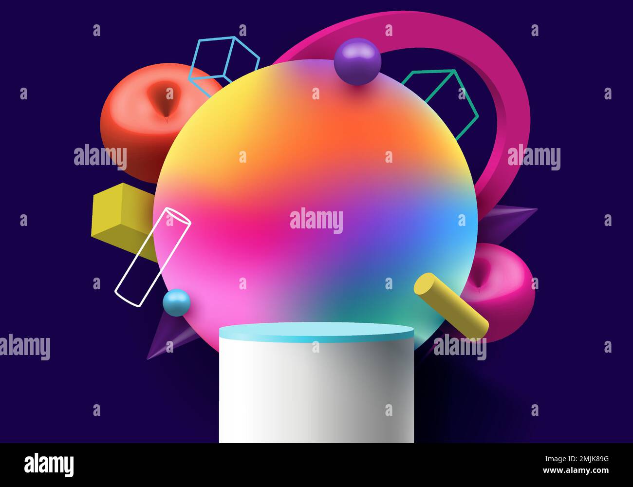 3D realistic white and blue cylinder podium platform stand with ...