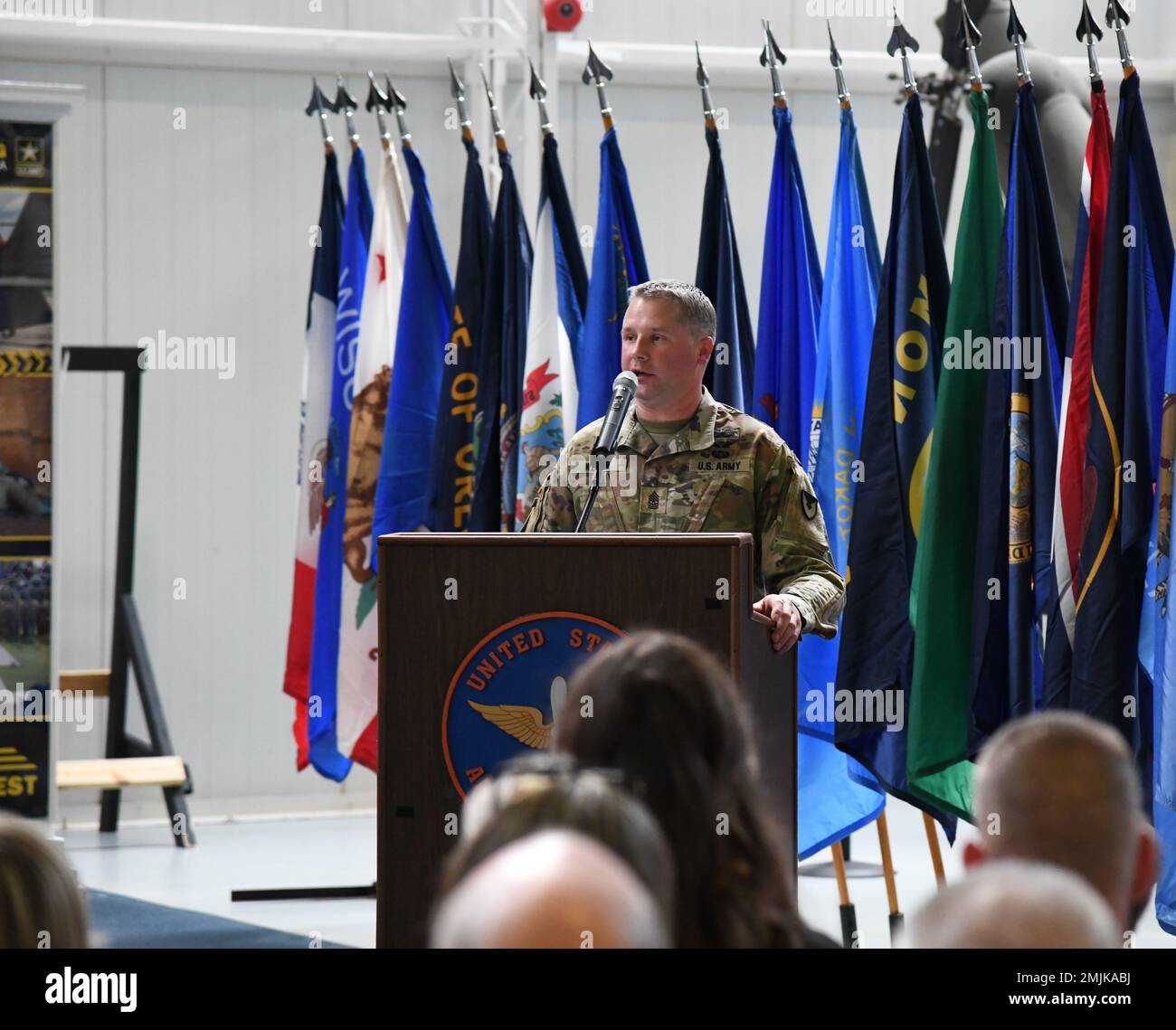 Command Sgt. Maj. Devon M. Weber provides remarks after he formally ...