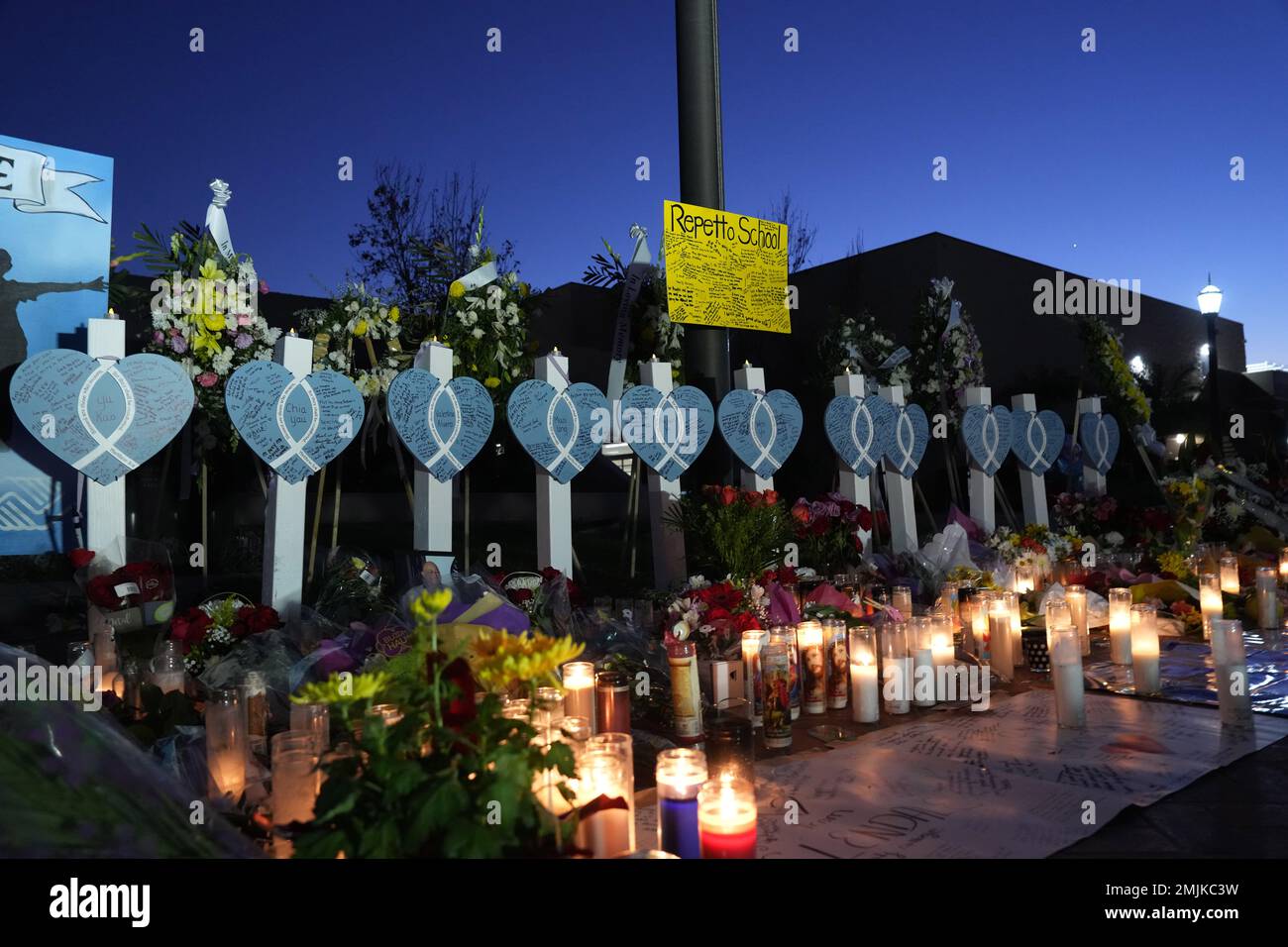 Wooden hearts with the names of mass shooting victims Valentino Marcos ...
