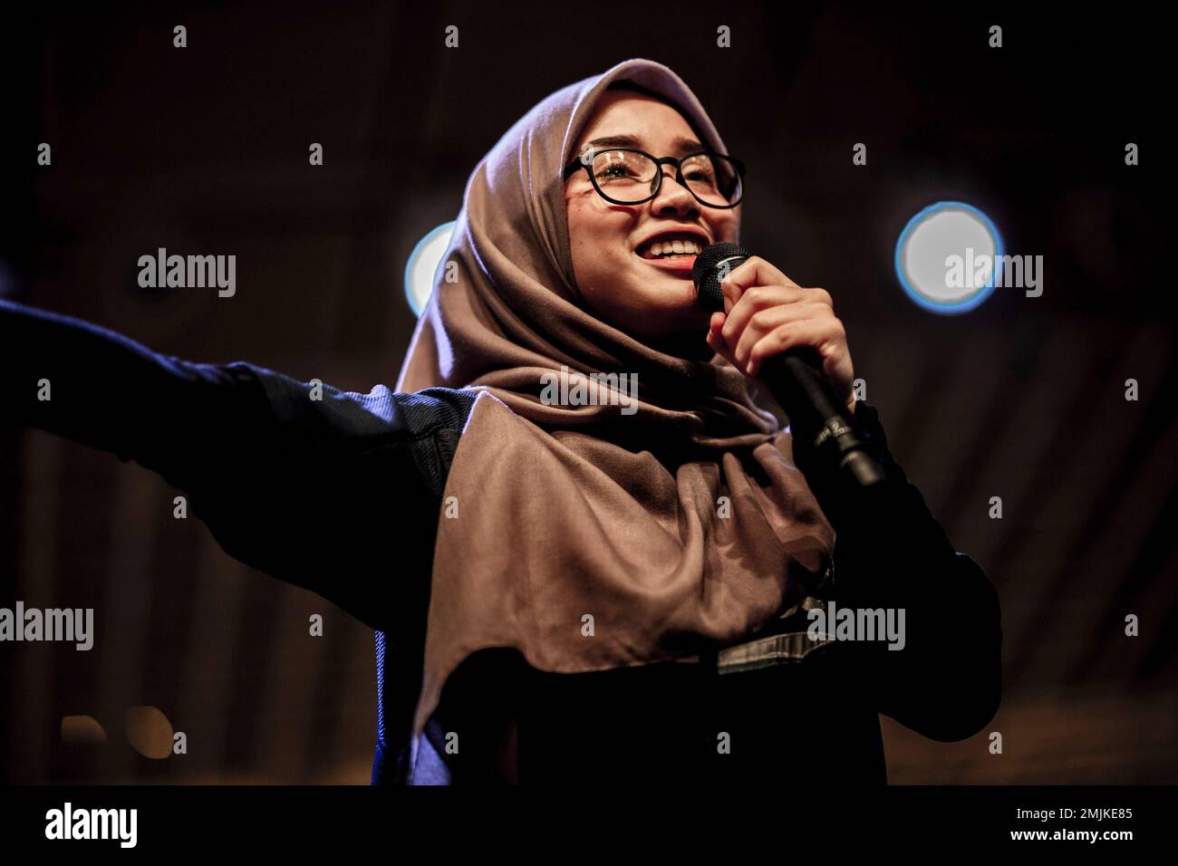 In this June 29, 2019, photo, Malaysian female rapper Bunga performs at ...