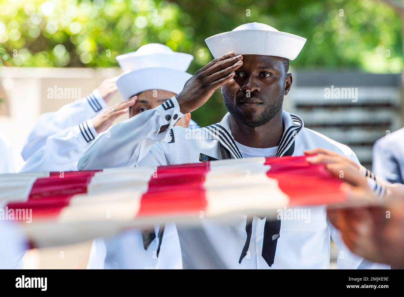 A U.S. Navy Sailor salutes a U.S. flag during an interment ceremony ...