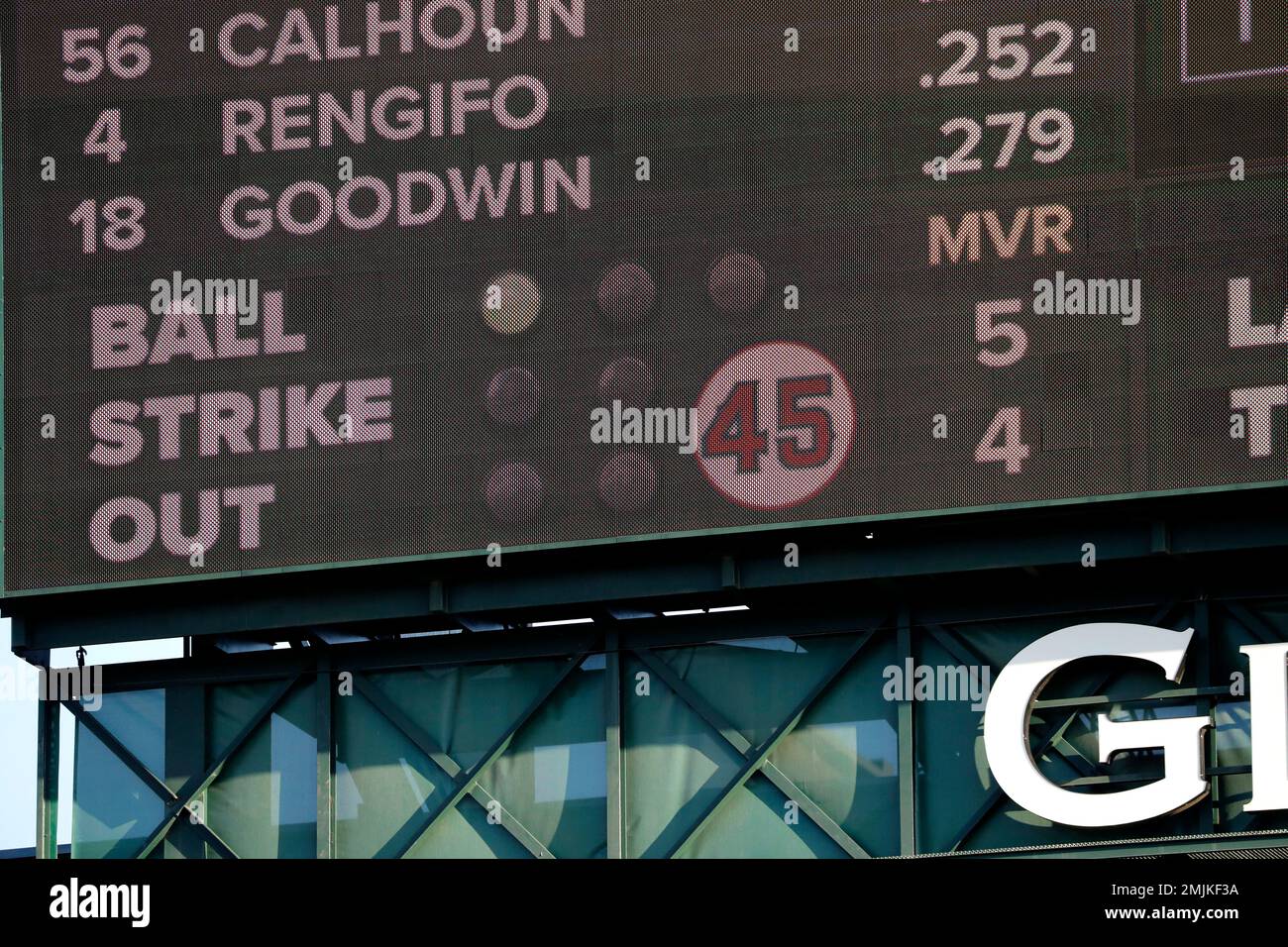 The number 45 is displayed on the scoreboard during the first inning of ...