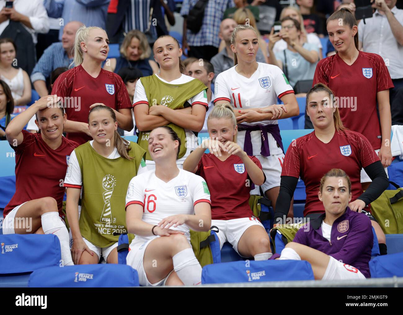 England players pose on the bench before the Women's World Cup ...