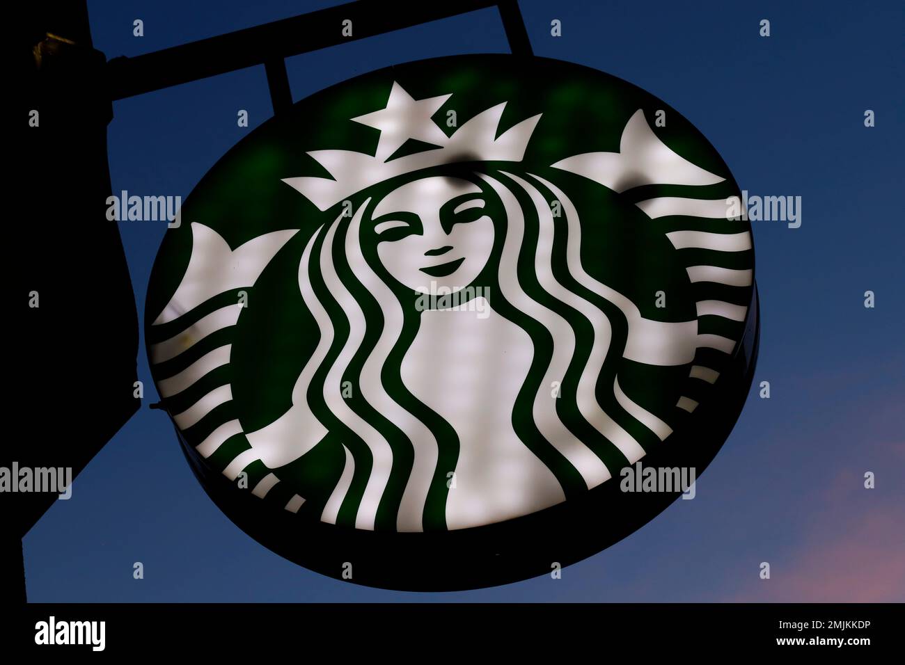This is the Starbucks sign outside a Starbucks coffee shop in downtown ...