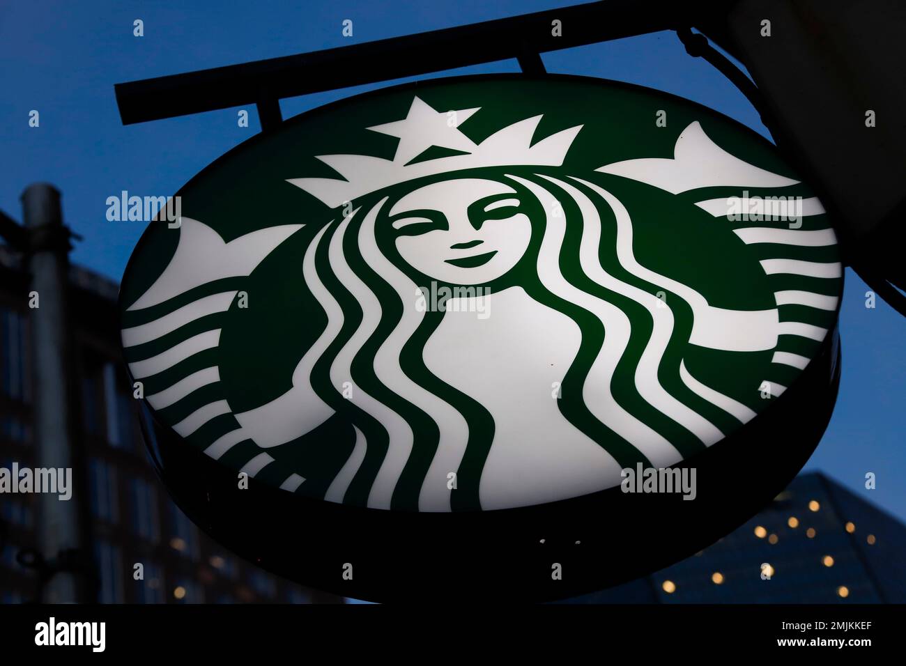This is the Starbucks sign outside a Starbucks coffee shop in downtown ...