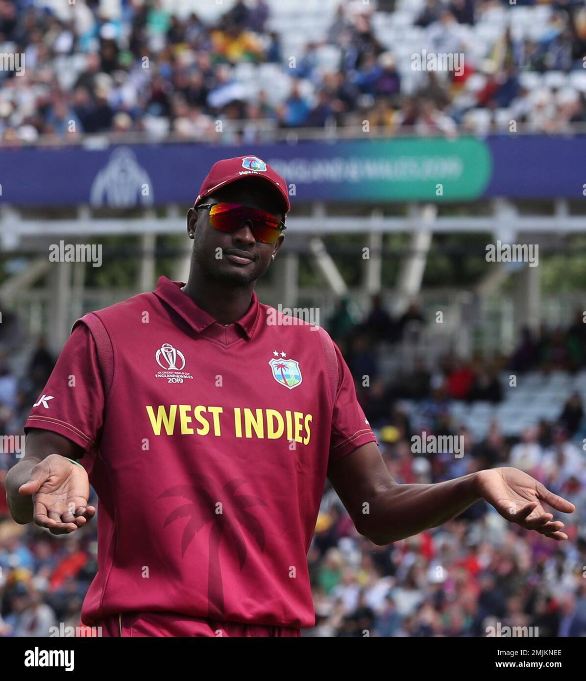 West Indies' captain Jason Holder gestures during the Cricket World Cup ...