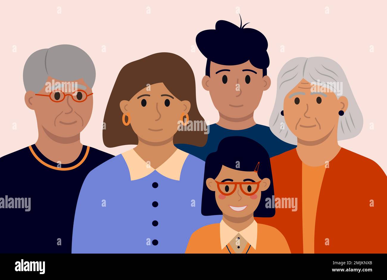 Portrait Of Big Happy Multigenerational Family Vector Illustration In ...