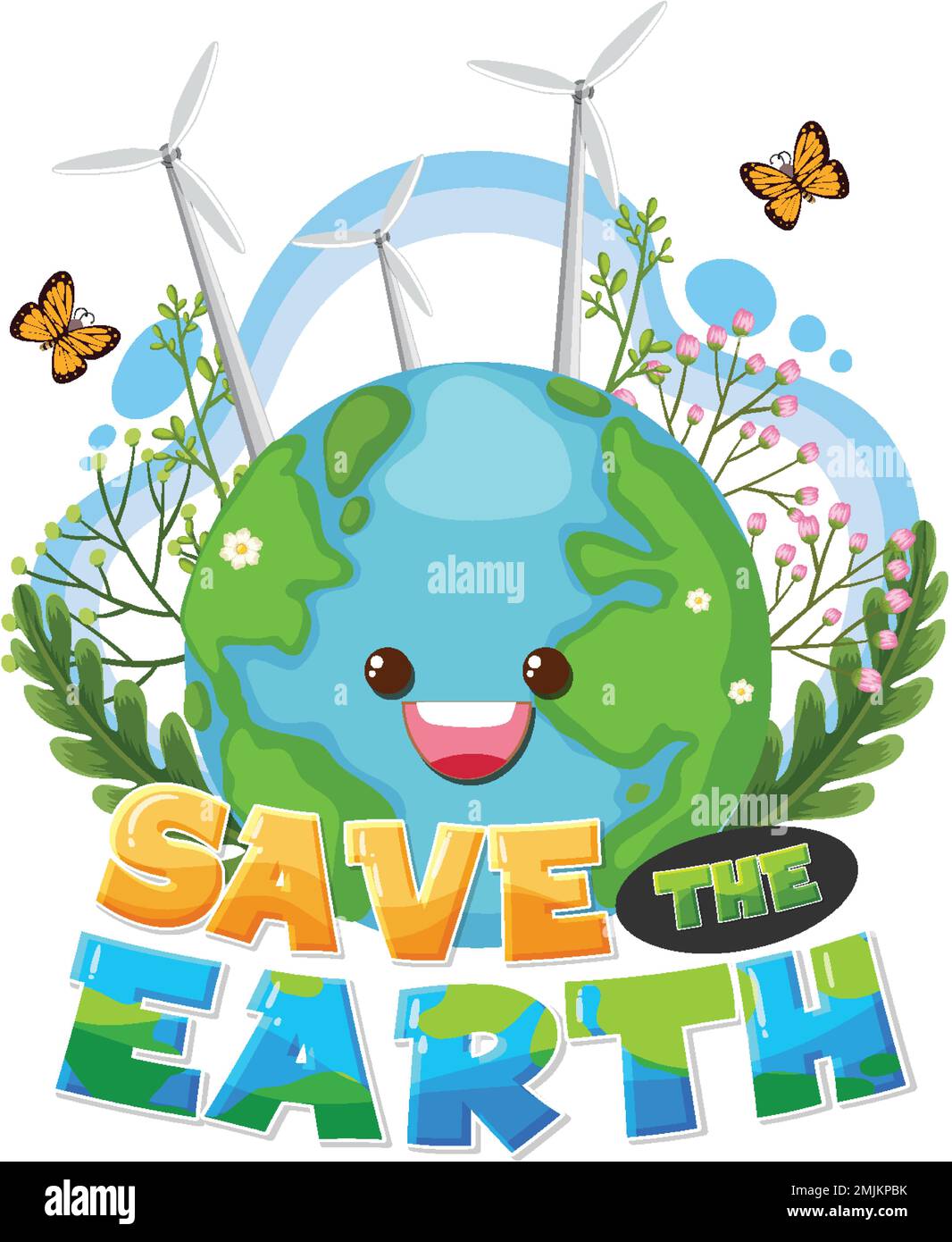 Save the earth text with a happy earth character illustration Stock ...