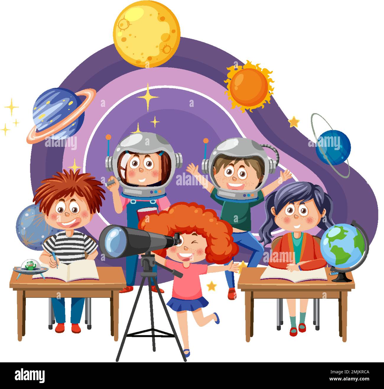 Kids observing planets with telescope illustration Stock Vector Image ...