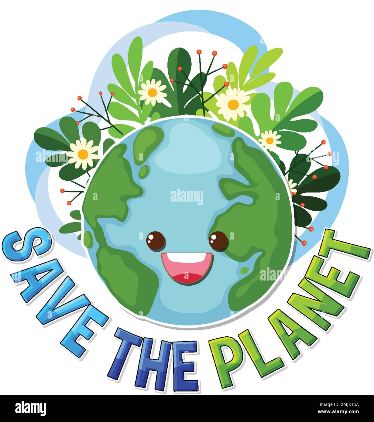 Save the planet text with a happy earth character illustration Stock ...