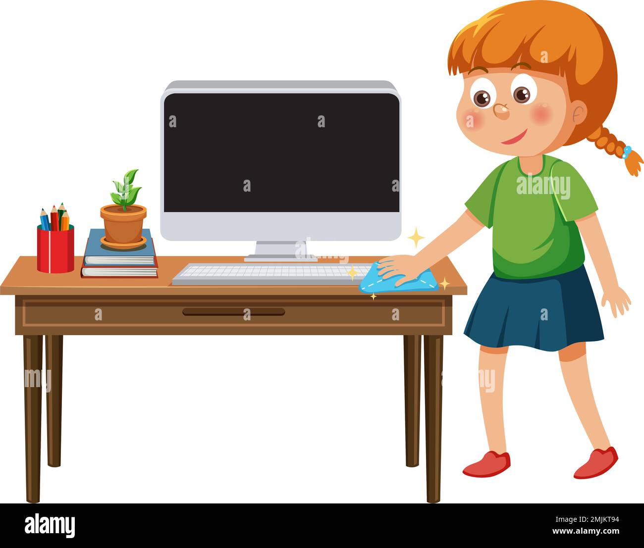 Girl cleaning computer desk illustration Stock Vector Image & Art - Alamy