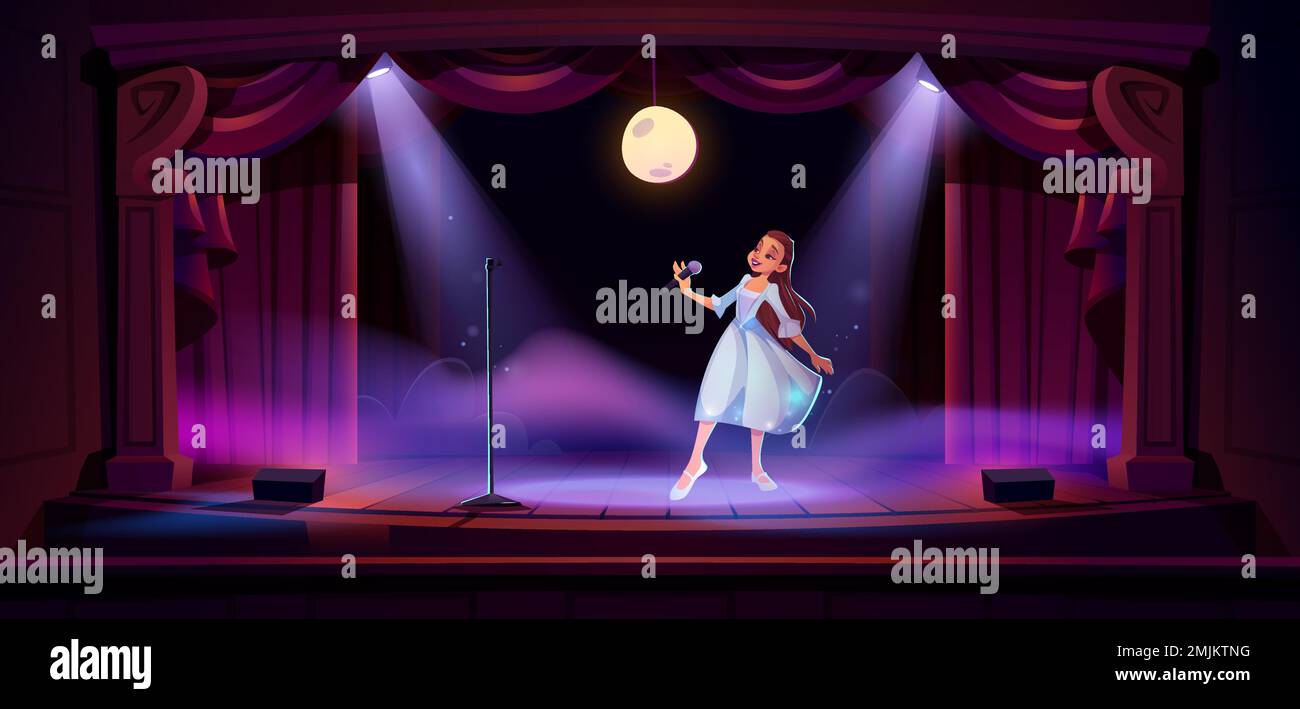 Pretty singer girl performing at concert. Vector cartoon illustration ...