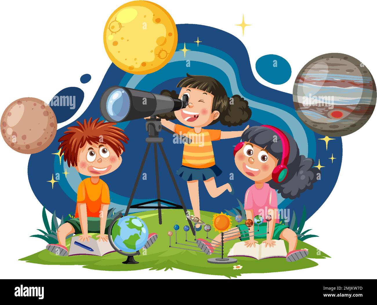 Kids observing planets with telescope illustration Stock Vector Image ...